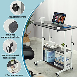 BYMECOST Adjustable Height Student Computer Desk, Mobile Portable Laptop Table for Home Office, 31.5" Small Spaces Standing Desk with Storage for Bedside Study Work Game on Wheels