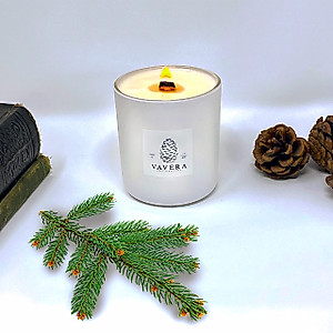 VAVERA Fraser Fir Long Burning Wooden Wick Natural Soy Luxury Pine Scented Candles (11oz/60 hr/Matte White Jar). Smells Like Real Pine Tree! Vegan Soy Candles Hand-Crafted in The USA.