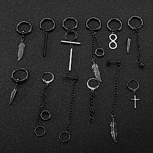 FIFATA Cross Dangle Earrings for Men 20 Pieces, Stainless Steel Stud Hinged Hoop Earrings, Long Chain Kpop Earrings for Women, Black and Silver