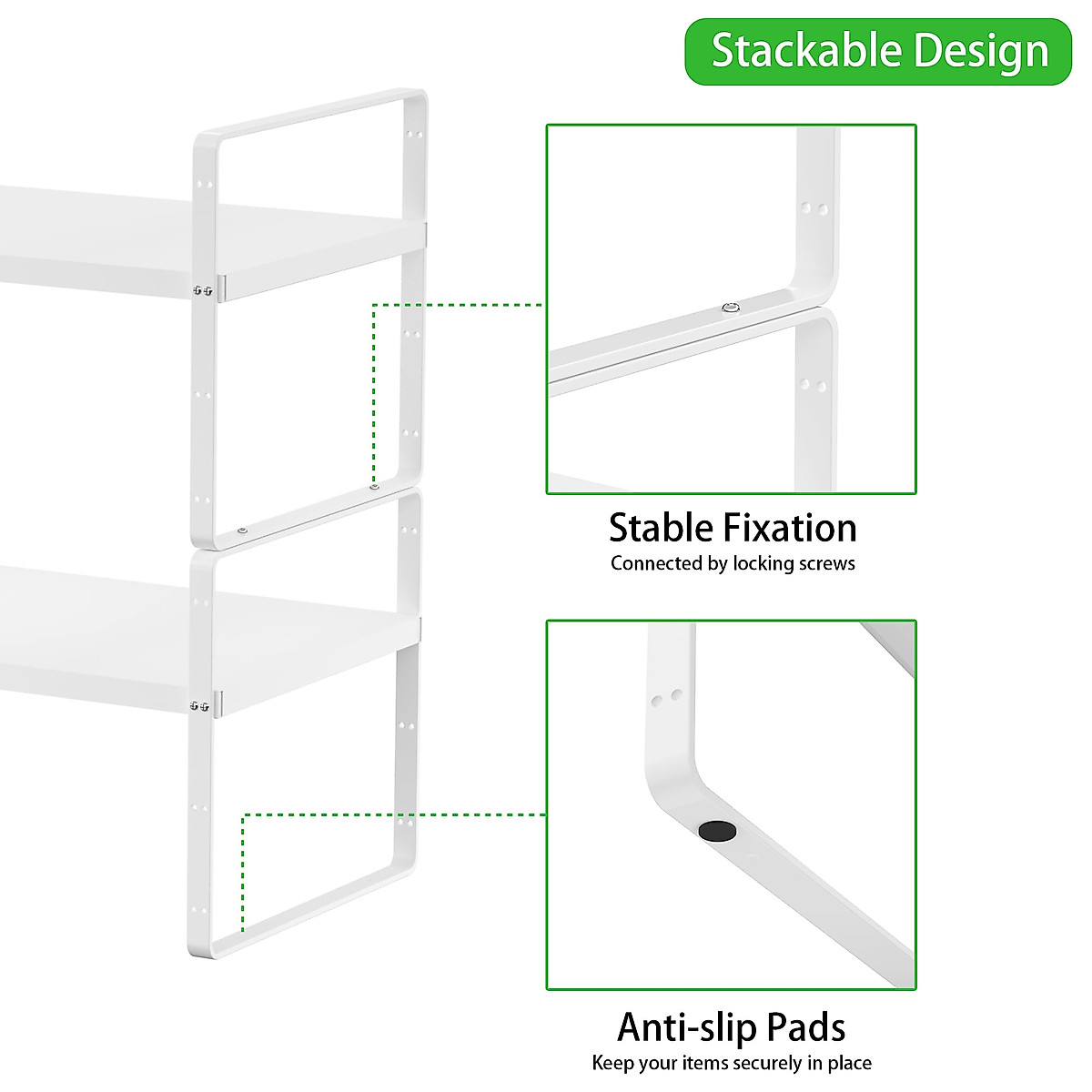 SOFRON Expandable Cabinet Storage Shelf Stackable Organizer Rack for Kitchen Bathroom Pantry Spice Cupboard Countertop Home Office Desk Heavy Duty Nonslip White Large 1 Pack