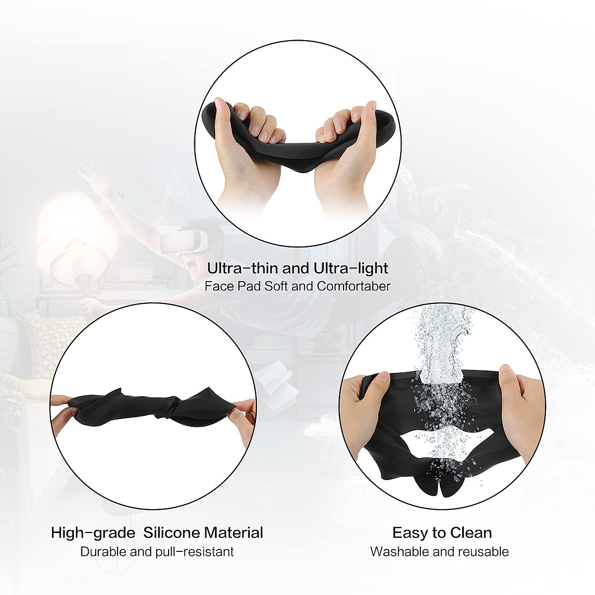 VR Silicone Face Covers Compatible with Oculus Quest 2,Light-Thin VR Face Pads,Waterproof Anti-Dirty Replacement Facial Cushion VR Pads Accessories(Black)