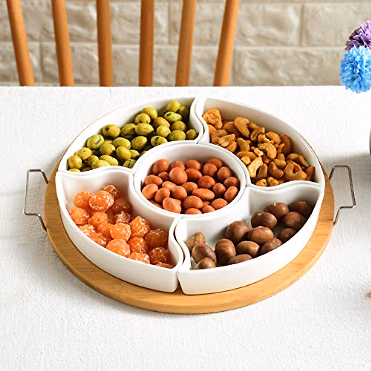 yarlung 10 Inch Ceramic Divided Serving Dishes with Bamboo Platter, Appetizer Tray 5 Removable Snacks Bowls for Candy and Nut, Chips and Dips, No Lid Included