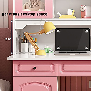 Study Desk with Hutch & Bookshelf & Drawers,Wooden Computer Desk Home Office Desk Teenager Desk,Cute Writing Study Desk Bookshelf Combo for Girl Boy(31.5inch, Pink)