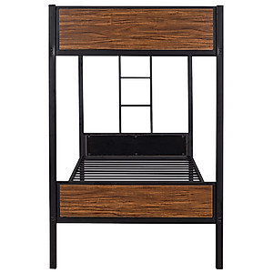 Twin over Twin Metal Bunk Bed, Modern Style Heavy-Duty Steel Frame Bunk Bed with Safety Rail, Built-in Ladder for Bedroom, Dorm, Boys, Girls, Adults (Black + Brown)