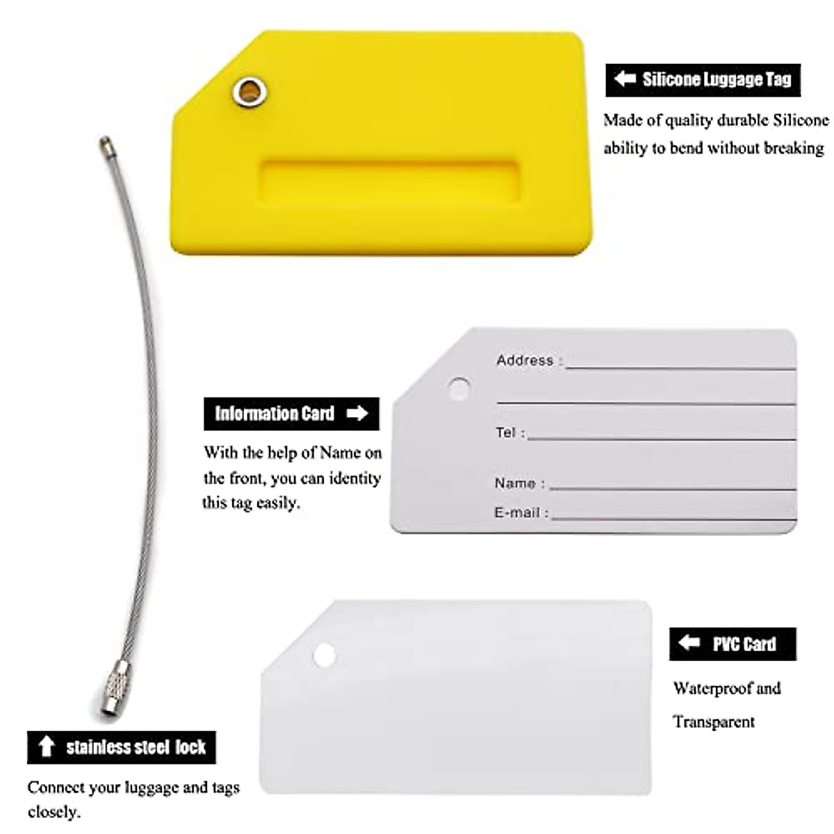 7 Pack Silicone Luggage Tag Baggage Handbag Travel Suitcase Tags with Name ID Card Perfect to Quickly Spot Luggage Suitcase (Yellow）