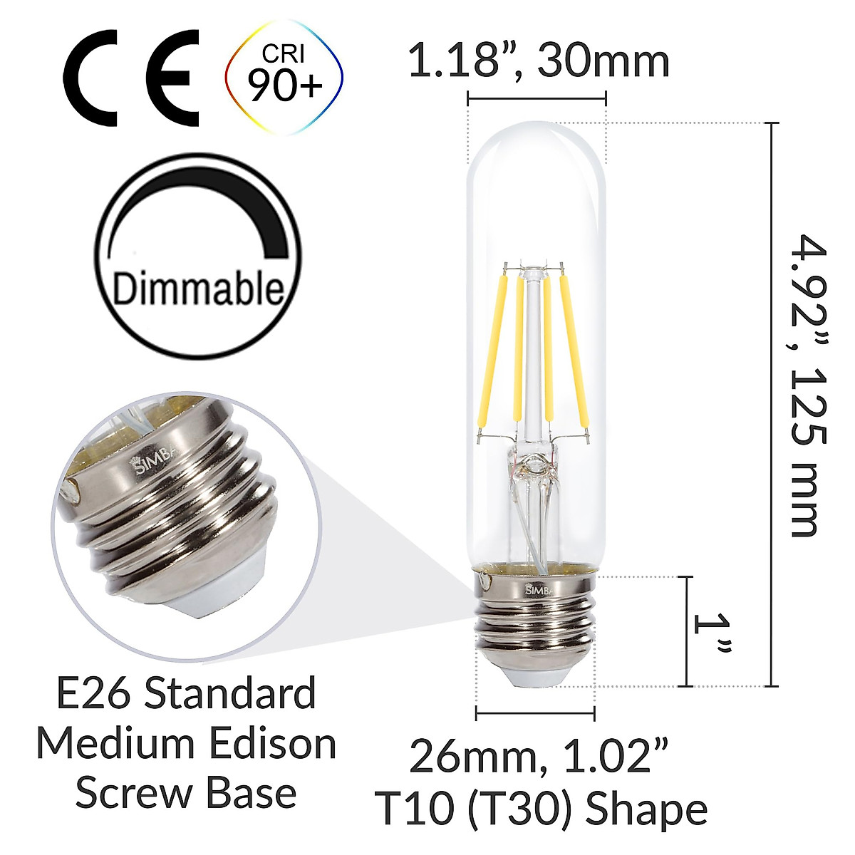 Simba Lighting LED T10 Tubular Edison Filament Light Bulbs (3 Pack) 6W Dimmable 60W Equivalent 120V for Cabinet Display, Piano Lamps, Clear Glass Decorative, Standard E26 Base, Natural White 4000K