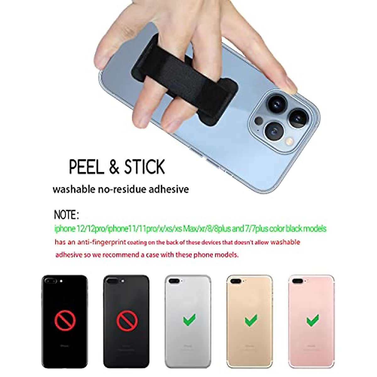 WUOJI - Finger Strap Phone Holder - Ultra Thin Anti-Slip Universal Cell Phone Grips Band Holder for Back of Phone - 2Pack(Black)