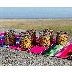 Hand Blown Mexican Drinking Glasses – Set of 6 Confetti Rock Tumbler Glasses (10 oz each)