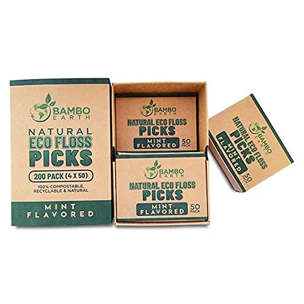 Natural Dental Floss Picks - Eco Friendly Cruelty Free & Vegan Tooth Flossers Pick Set with Biodegradable and Compostable BPA Free Handle & Zero Waste Packaging - 200 Pack (Mint Flavored)