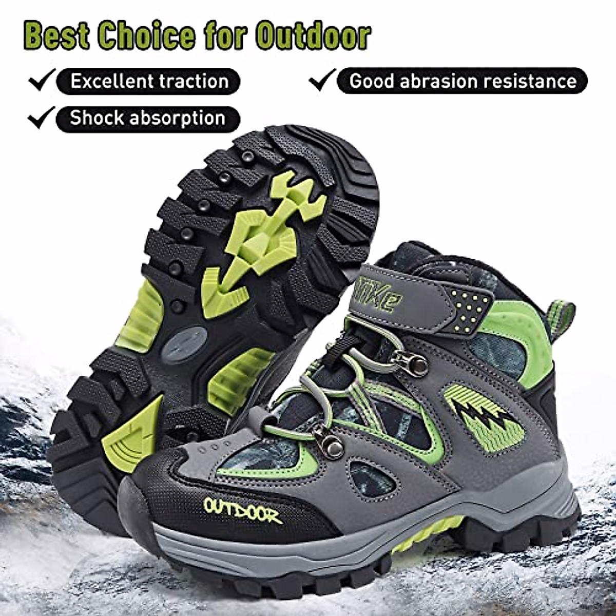 VITUOFLY Boys Hiking Boots Kids Warm Winter Snow Boots Girls Hiking Shoes Outdoor Adventure Trekking Shoes Anti-skid Sneakers Steel Buckle Grey Green Size 6.5