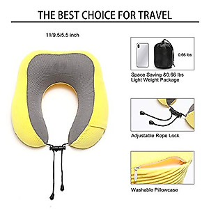 Travel Pillow Memory Foam with 360-Degree Head Support Comfortable Neck Pillow with Storage Bag Lightweight Traveling Pillow for Airplane, Car, Train, Bus and Home Use (Yellow)
