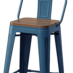 Andeworld Bar Stools Set of 4 Counter Height Stools Industrial Metal Barstools with Wooden Seats(24 Inch, Distressed Navy)