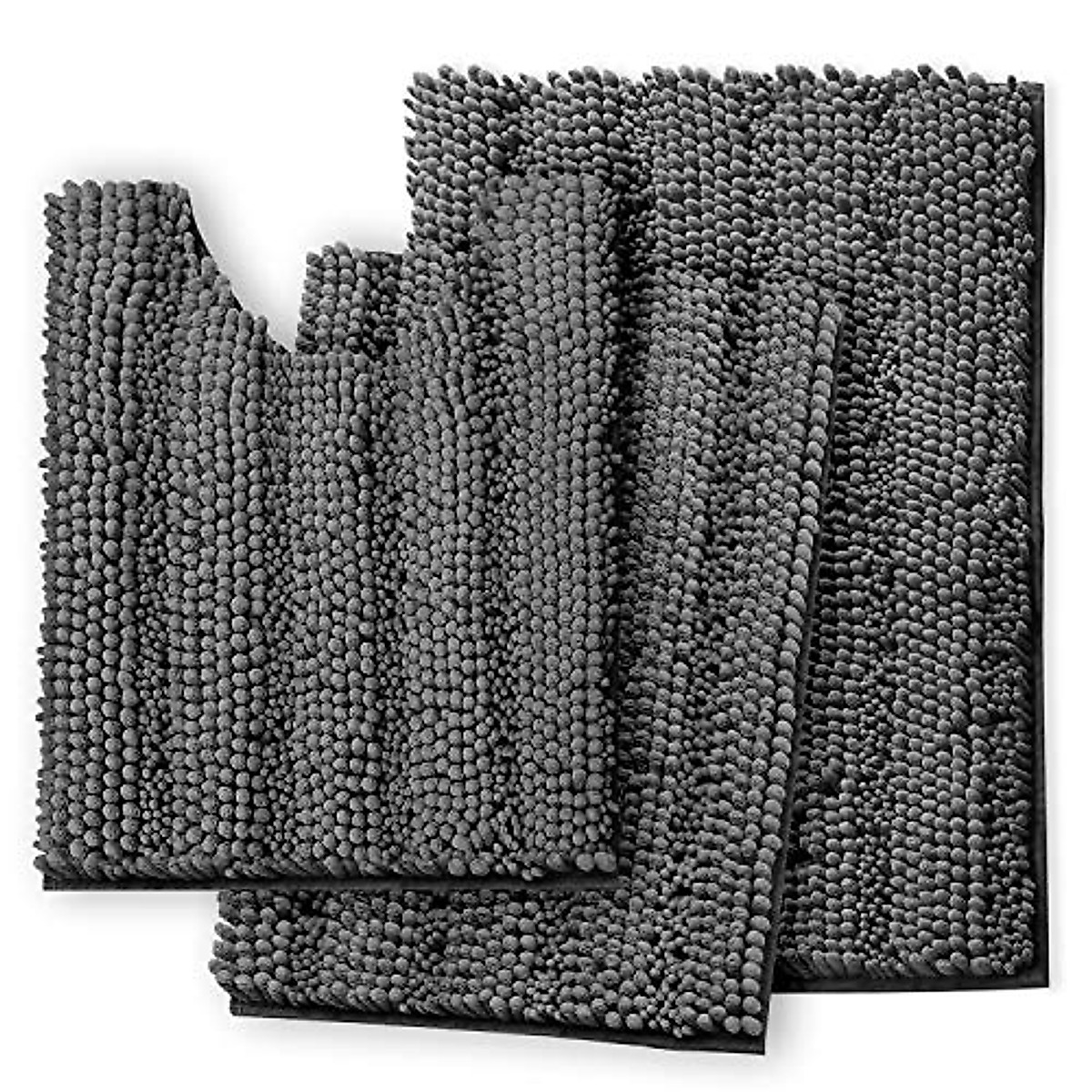 Clara Clark Chenille Bathroom Rugs, Ultra Soft Plush Shaggy Bath Mats for Bathroom, Machine Washable Non Slip Backing Rubber Bath Rug Set, 3 Piece Bathroom Rug Set, Gray