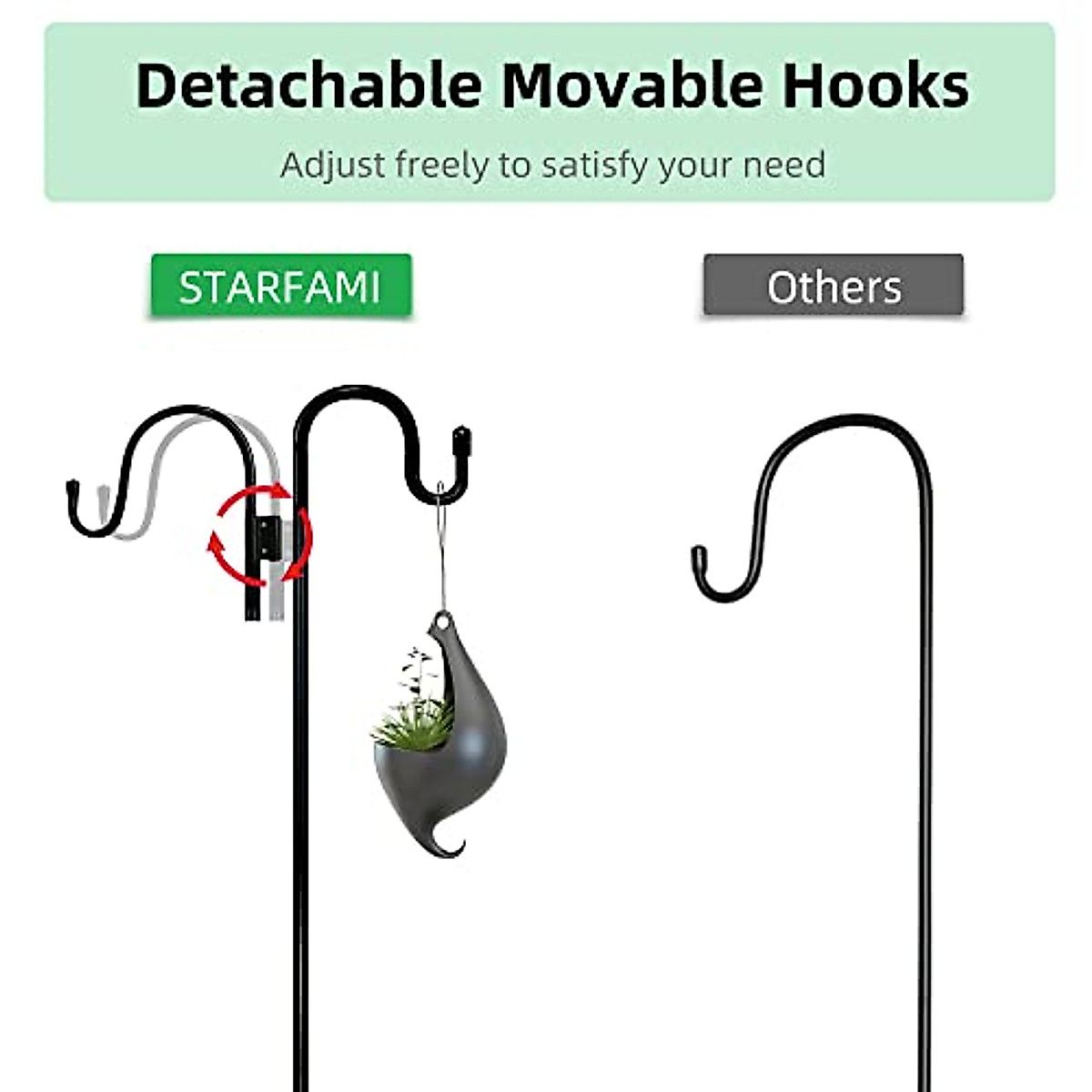 STARFAMI Double Shepherds Hook for Outdoor with 5 Prongs Base, Upgraded Adjustable Garden Hanging Stand Plant Holders for Bird Feeder, Plant Baskets, Solar Light Lanterns, Wedding (60 Inch 2pcs)