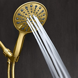 ShowerMaxx, Elite: ImperialShine Gold Finish Hand Held Rain Shower Head, Large 6 inch 6 Spray Settings Handheld Rainfall Showerhead with Long Stainless Steel Hose, (Polished Brass/ImperialShine Gold)