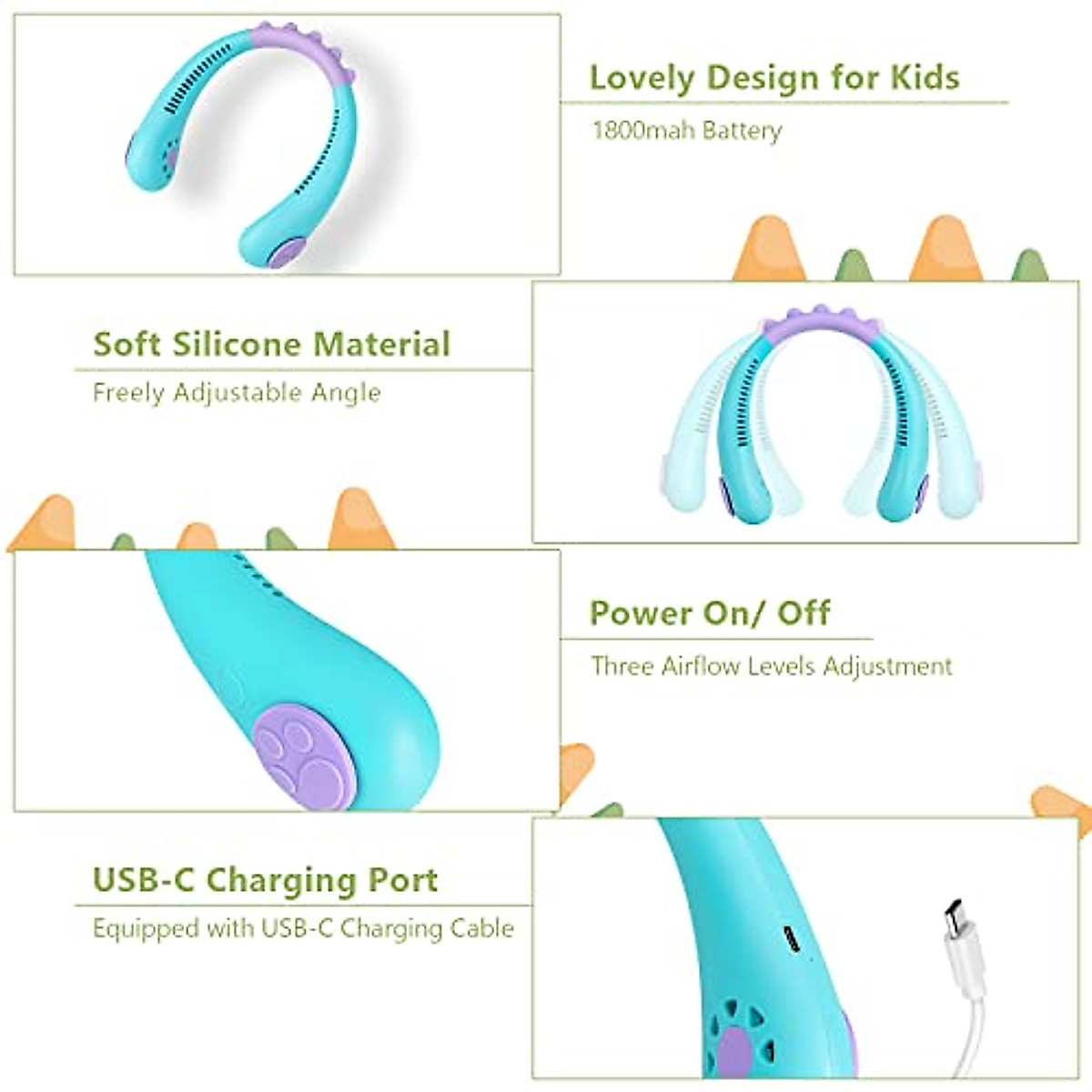 Portable Neck Fan for Kids, Rechargeable, Personal Cooling Mini Fan, Wearable Bladeless Fan, 3 Speeds, USB Hanging Around Neck Fan for Outdoor Travel