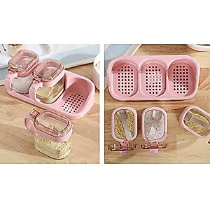 OUTOS Glass Transparent Spice Jar Seasoning Box Set Kitchen Container Tools Condiment Jars Cruet with Cover and Spoon Kitchen Utensils Supplies Salt Cellar with Lid (Pink, 3)(with base)