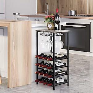 Vrisa Freestanding Floor 16 Bottles Wine Rack with 9 Wine Glass Holder, Wine Holder Stand for Floor, 5 Tiers Wine Bottle Organizer Stand, Dark Oak