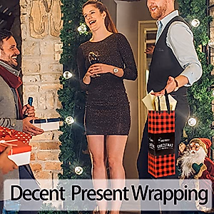 Lulu Home Christmas Bottle Gift Bags, Set of 12 Buffalo Plaid Wrapping Bags with Golden Tissue Paper, Xmas Bottle Gift Bags with Ribbon Handles, 13.9" x 4.7" x 3.9"