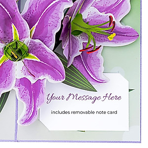 Paper Love 3D Purple Lilies Pop Up Card, Gift for Birthday, Wedding, Anniversary, Thank You, Get Well, All Occasion or Just Because - 5" x 7" Cover - Includes Envelope and Note Tag