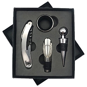 WICKS & WINE STAINLESS STEEL WINE ACCESSORY GIFT SET - BOTTLE OPENER, DRIP RING, BOTTLE STOPPER, WINE POURER