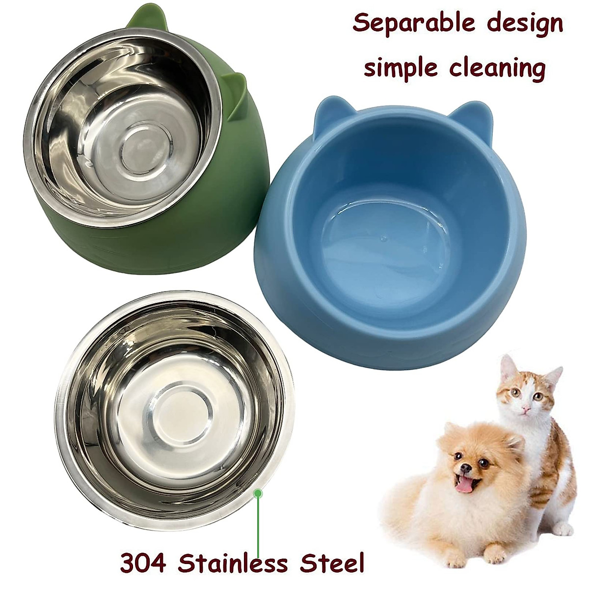 PINVNBY 2PCS Raised Cat Bowl Tilted 15° Slanted Elevated Bulldog Feeder Non-Spill Dog Kitten Food Dish Anti-Slip Detachable Pet Stainless Steel Slope Base for Small Pets Blue&Green