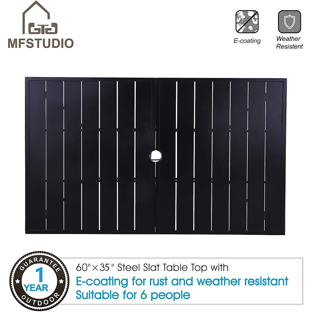 MFSTUDIOO 6-Person Outdoor Metal Steel Slat Dining Rectangle Table with Adjustable Umbrella Hole, Black