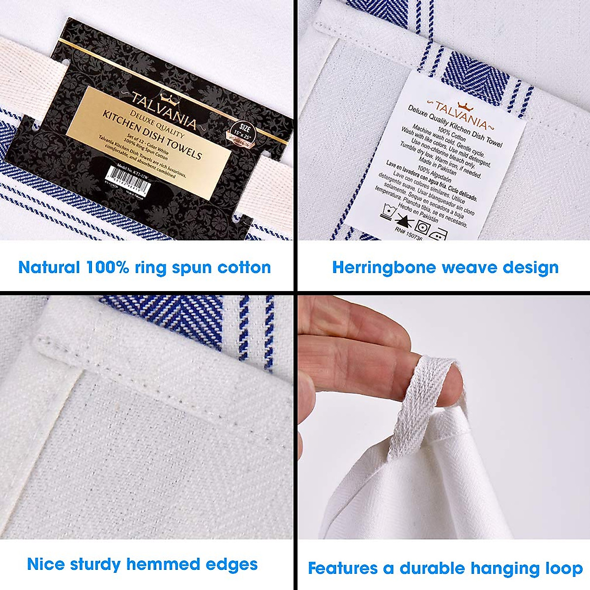 TALVANIA Kitchen Dish Towels 100% Cotton White Flour Sack Tea Cloth with Blue Herringbone Stripe, Pack of 12 Perfect Classic Dish Towel 15” x 25” Dishcloths for Bars Kitchens Counters etc.