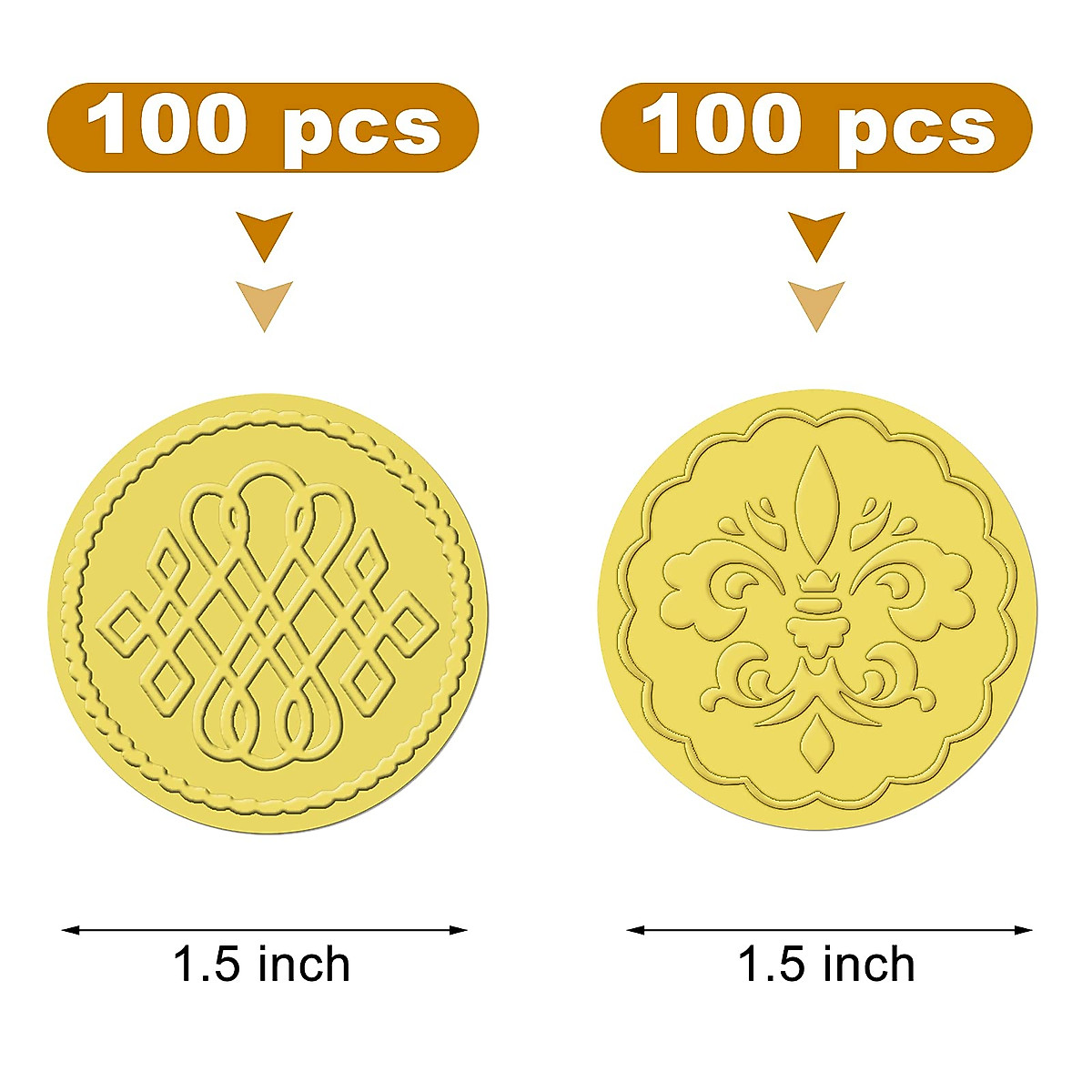 Zonon 100 Pieces Gold Embossed Wax Seals Foil Envelope Sticker Round Embossed Foil Seals Aluminum Foil Sticker Flower Pattern Certificate for Invitations Greeting Cards Party Wedding, 2 Styles