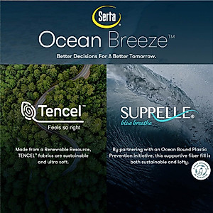 Serta Ocean Breeze Elastic Fitted Breathable Pillow Top Mattress Pad Protector with Sustainable Fiber Fill and Tencel Cover for All Season, Queen, White