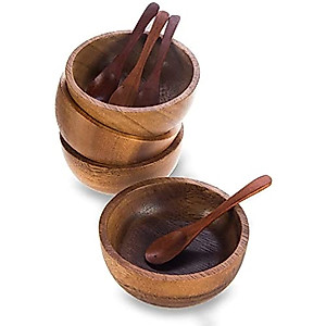 MINIATURE DOLL SIZE Tiny 2¾" Dia Acacia Calabash Wood Bowl for Condiments, Dip Sauce, Nuts, Ketchup, Jam, Herb, Prep, Olive, Salsa, Round Wooden Brown Bowl 2.75"x1.5" H Set of 4 (FREE 4 Wood Spoons)