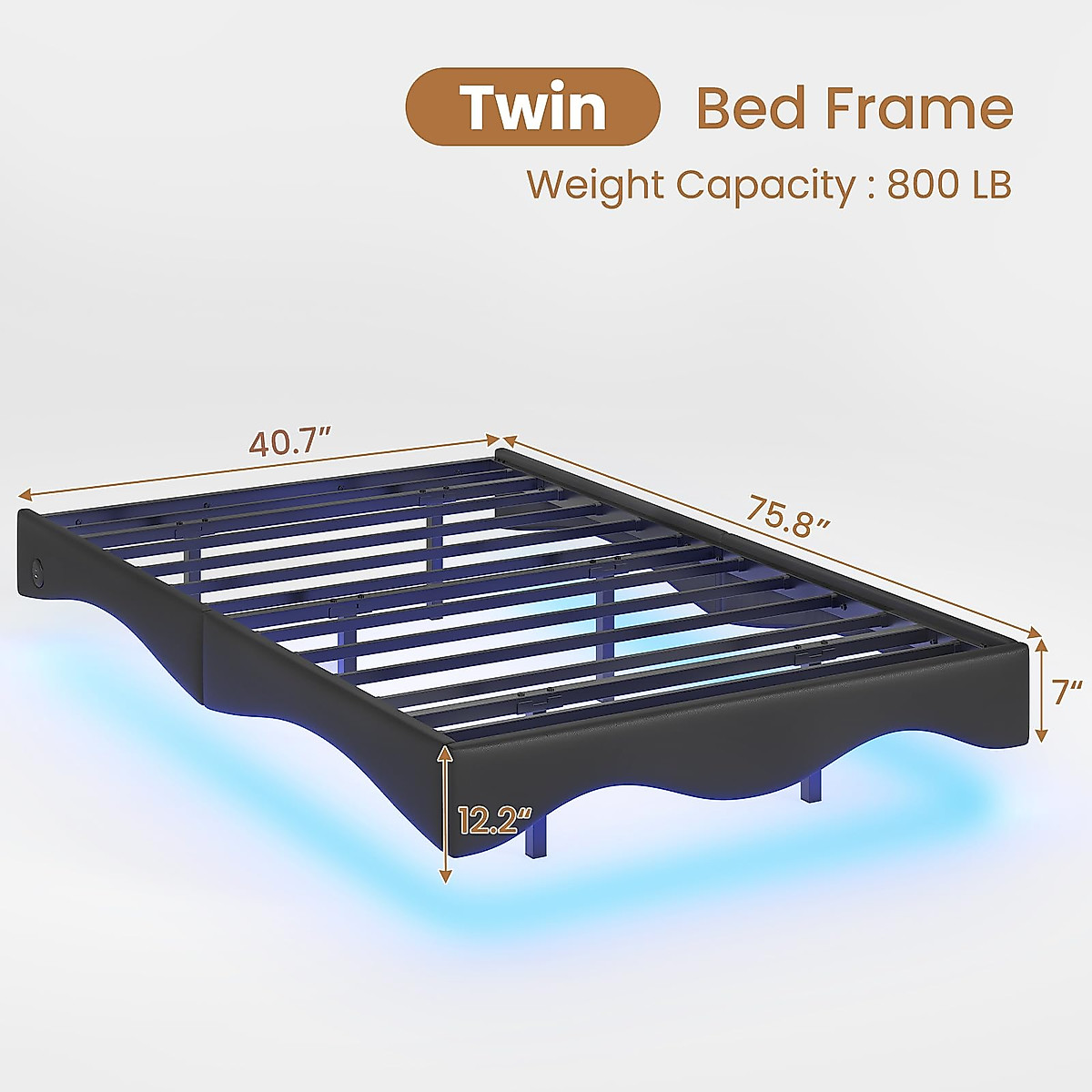 AOGLLATI Floating Bed Frame Twin Size with Charging Station & LED Lights, Platform Twin Bed Frame with Leather Wave Molding and Stable Structure,No Box Spring Needed, Black