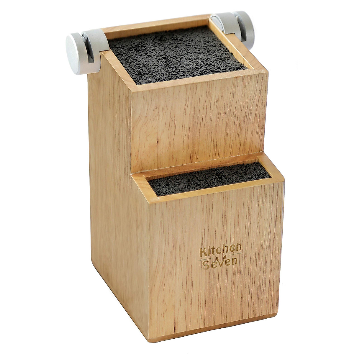 Bamboo Universal Knife Block - Knife Holder with 2 Built-In Knife Sharpeners - 2-Tiered Modern Knife Storage Up to 16 Large and Small Knives Easy Clean Wooden Knife Organizer by Kitchen Seven