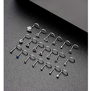 Tornito 20G 20Pcs Nose Ring CZ Nose Stud Retainer Screw Labret Nose Piercing Jewelry Set Stainless Steel Silver Tone