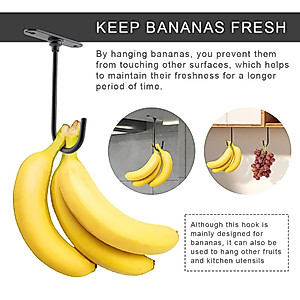 Ranjaner 2Pcs Banana Hook with S Hooks, Self Adhesive Metal Hooks Under Cabinet to Keep Bananas Fresh, Kitchenware Hanging Tools for Fruit, Pots, Towels, Cup(Black)