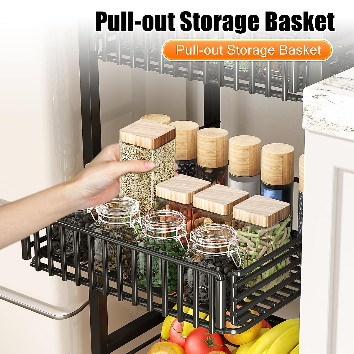 4Tier Roling Cart, Utility Cart, Storage Cart, Kitchen Carts on Wheels with Wood Top, Pull-Out Wire Basket for Fruit, Black