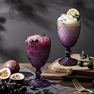 1500° C TABLETOP Purple Colored Goblet Glasses 10 oz. set of 6 Water Goblets Vintage Glassware Embossed with Diamond Pattern for Iced Tea Beverage for Party and Wedding