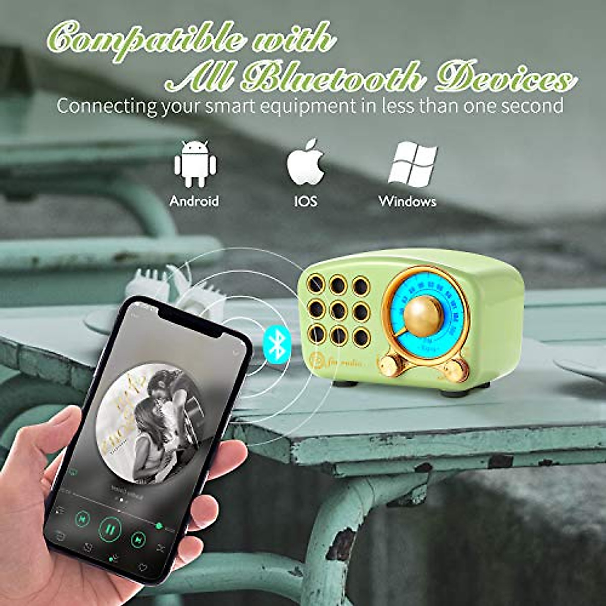 Retro Bluetooth Speaker, Vintage Radio-Greadio FM Radio with Old Fashioned Classic Style, Strong Bass Enhancement, Loud Volume, Bluetooth 5.0 Wireless Connection, TF Card and MP3 Player (Green)