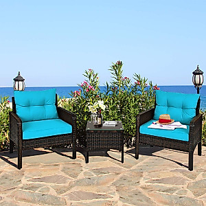 RELAX4LIFE 3-Piece Patio Furniture Set, PE Rattan Wicker Outdoor Conversation Set w/Glass Top Coffee Table & Thick Cushions for Deck Porch Balcony Garden, Bistro Table and Chairs Set of 2 (Turquoise)