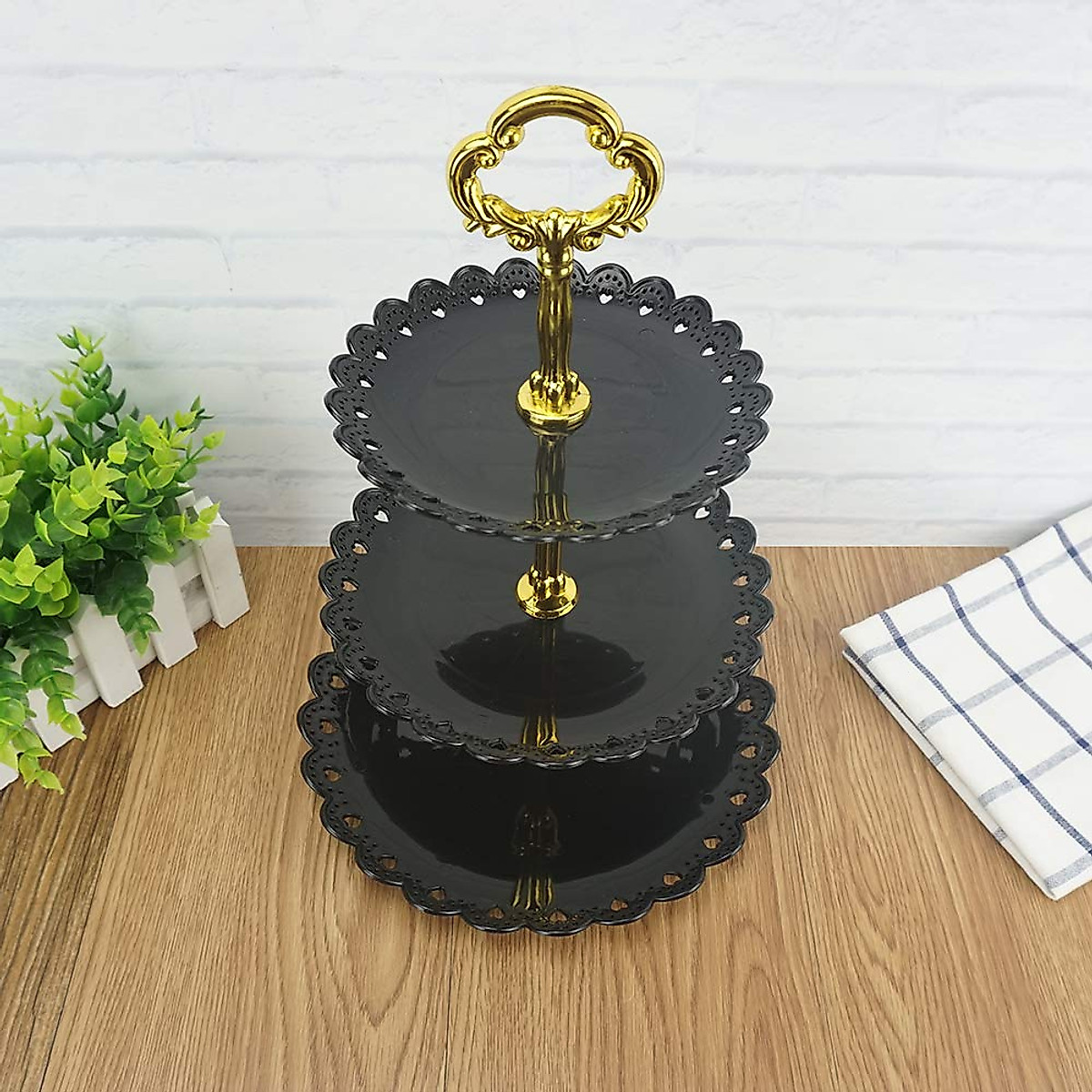 Artliving 3-Tier Plastic Cake Stand Dessert Stand Cupcake Stand Tea Party Serving Platter Black Gold