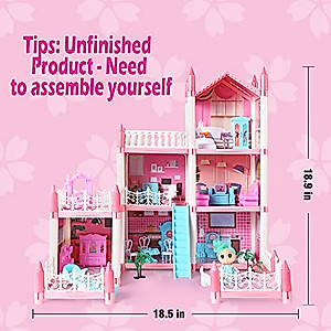 Doll House Dream House for Girls - DIY 3 Story 6 Rooms Pink Dollhouse with 6 Dolls Toy Figures, Pet Dog, Furniture, Pretend Play House with Accessories, Ideal Birthday Toy for Girls