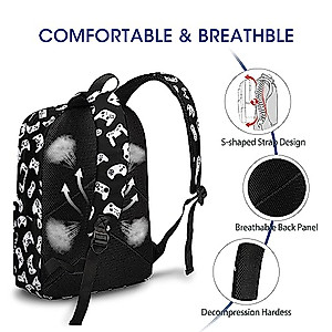 Lightweight Gamer Boys School Backpack, Classic Bassic Bookbag for Middle School Students, Cute Game Patterned Casual Daypack for College, Travel, Work with 15-Inch Laptop Compartment, 17 IN-Black