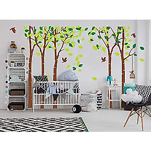 Large Five Family Trees with Birds and Birdcage Jungle Tree Wall Decal Removable Vinyl Sticker Mural Art Baby Girl Nursery Decor Baby Room Decor Kids Room Decor (103.9x70.9) (Brown)