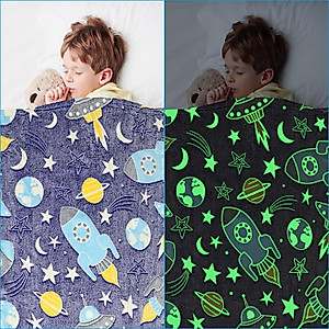 Kirumie Kids Couch Glow in The Dark, Toddler Couches That Fold Out, 2-in-1 Convertible Sofa to Lounger, Soft Kids Sofa with Blanket, Toddler Chair Comfy Sofa for Baby Boys Girls, Space & Blue