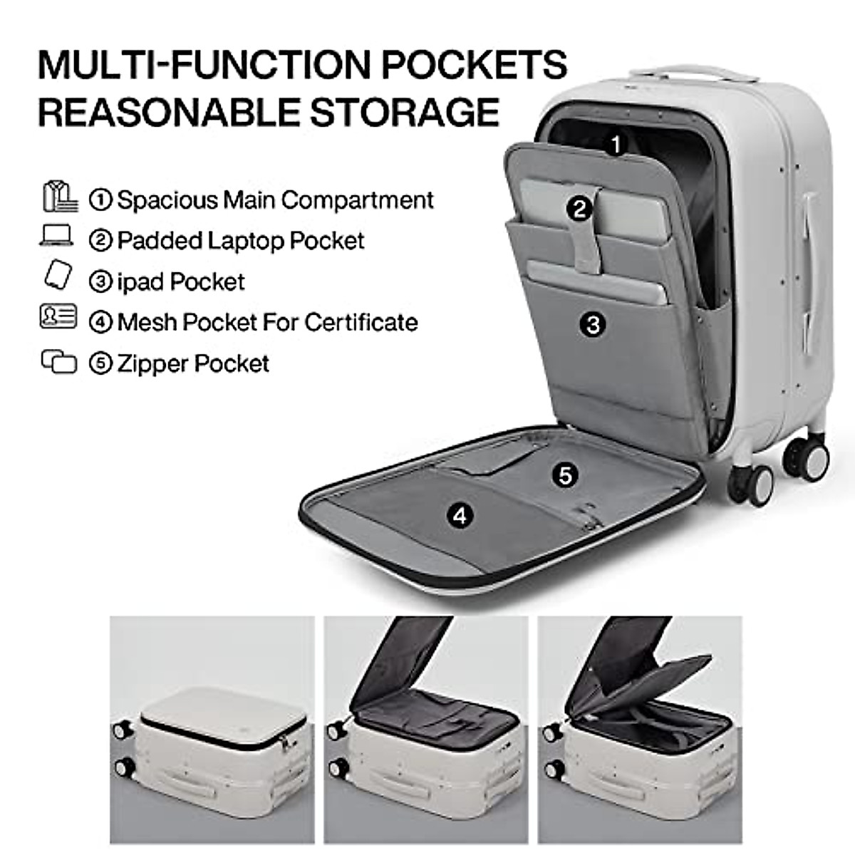 Mixi Carry On Luggage, 20'' Suitcases with Spinner Wheels, Rolling Travel Suitcase with Front Laptop Pocket Luggage Aluminum Frame PC Hardside with TSA Lock and Cover, Smoke White