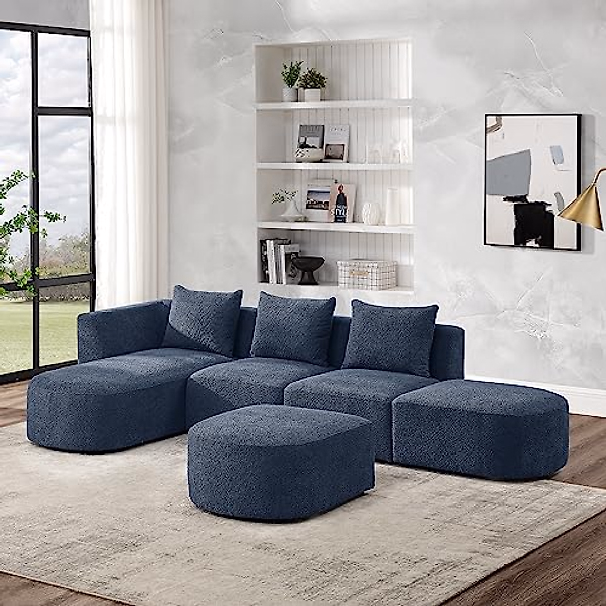 EMKK Modular Sectional Sofa L Shaped Couch with Left Side Chaise and Ottoman, DIY Combination, Loop Yarn Fabric,Living Room Furniture Sets Sofá w/ 3 Pillows