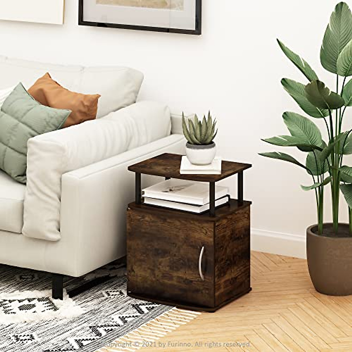 Furinno Jaya End Side Sofa Table/Nightstand with Door, Amber Pine/Black