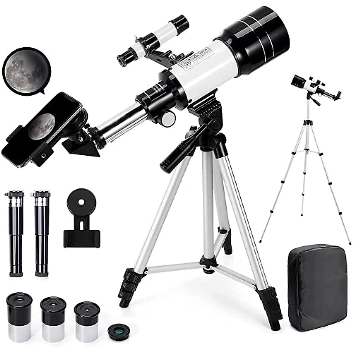 Merkmak Telescopes for Adults Astronomy, Telescope 70mm Aperture 300mm AZ Mount Refractor Telescope for Kids Beginners (15X-150X) - Telescope with Adjustable Tripod, Phone Adapter and Backpack