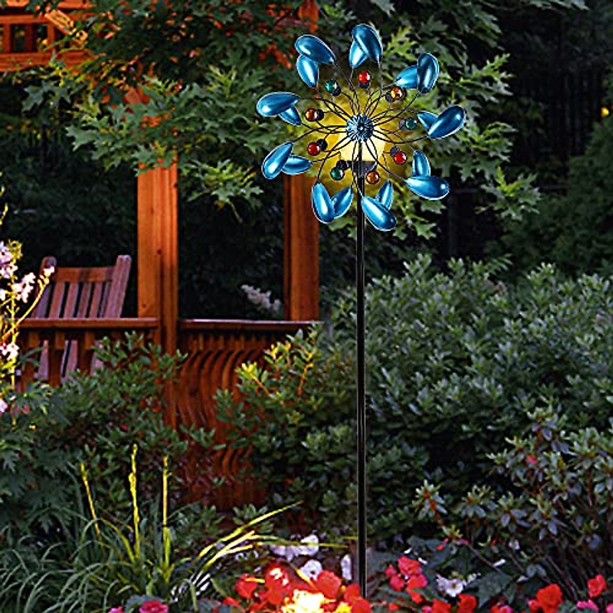 Glintoper Solar Wind Spinner, Outdoor Metal Stake Yard Spinners, Jewel Cup Garden Wind Catcher Windmill for Mom, Color Changing Glass Ball, Mothers Day Ideal Gifts, Dual Direction for Patio Lawn Yard