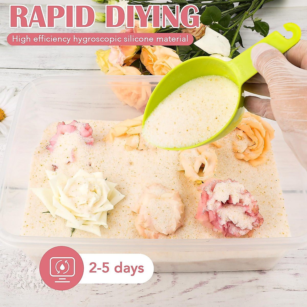 VOISEN Silica Gel Flower Drying, 5LBS Silica Gel for Drying Flowers,Color Indicating Flower Preservation Kit Contains Flowers Desiccant, Brush, Gloves, 6.7 L Plastic Box